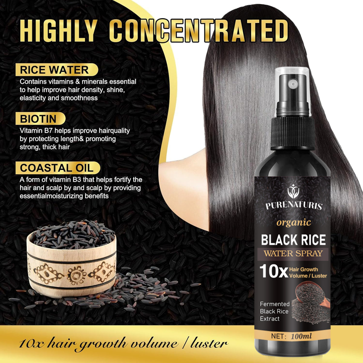 Black Rice Water Hair Growth Spray by PureNaturis: Hair Treatments